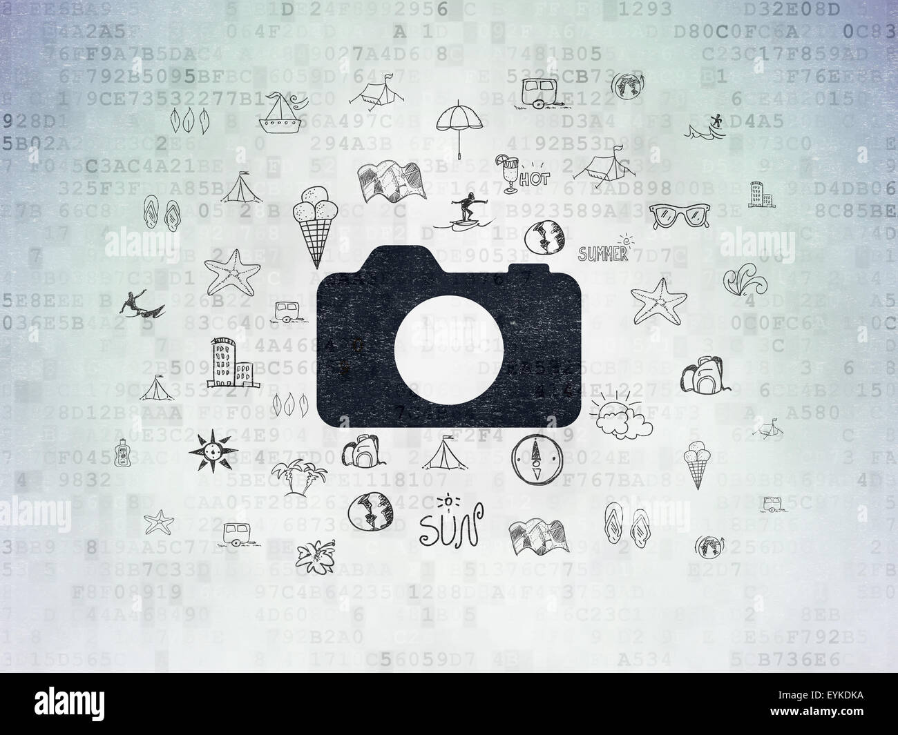 Travel concept: Photo Camera on Digital Paper background Stock Photo ...