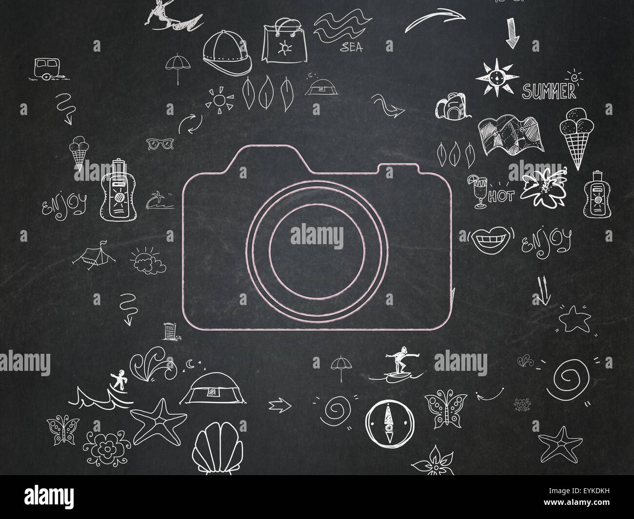 Travel concept: Photo Camera on School Board background Stock Photo - Alamy