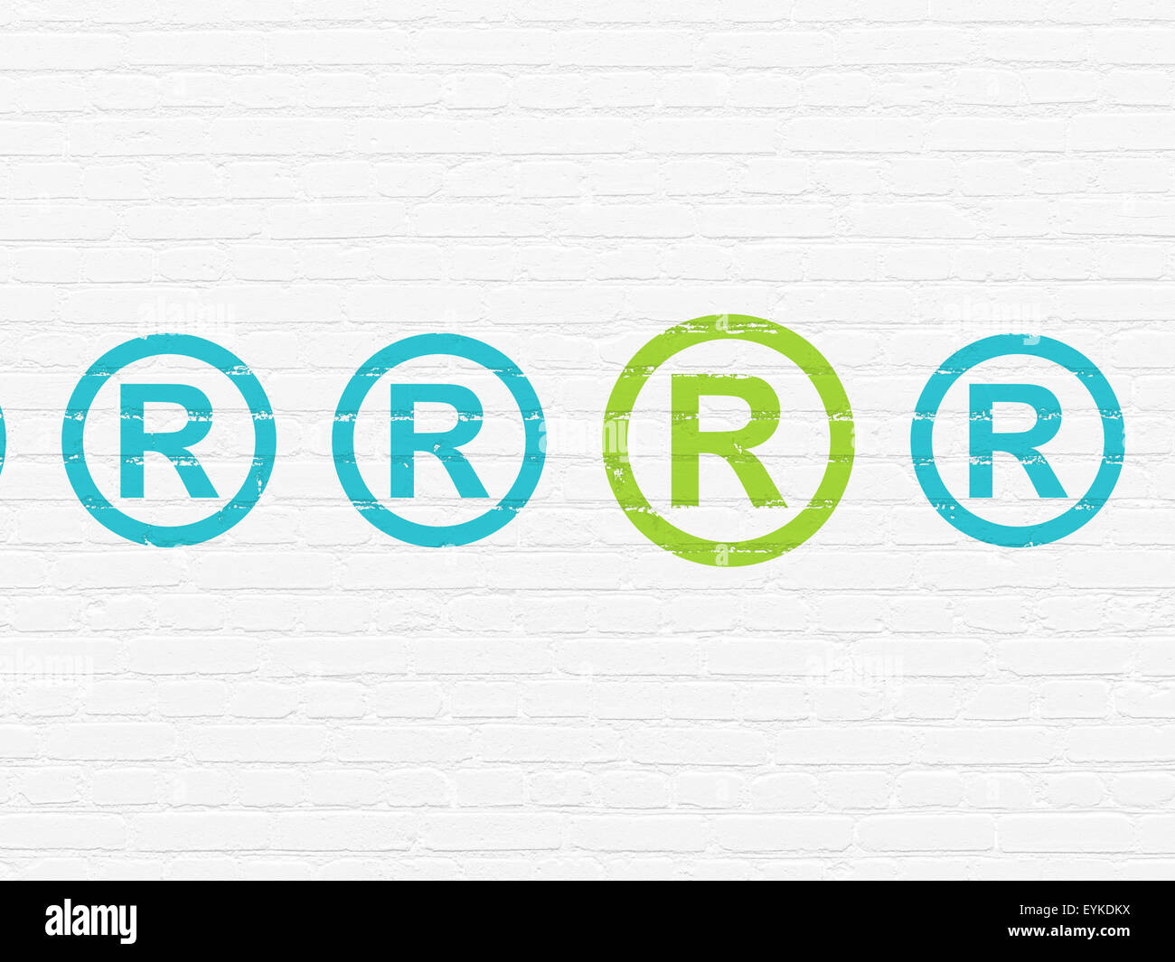 Law concept: row of Painted blue registered icons around green ...