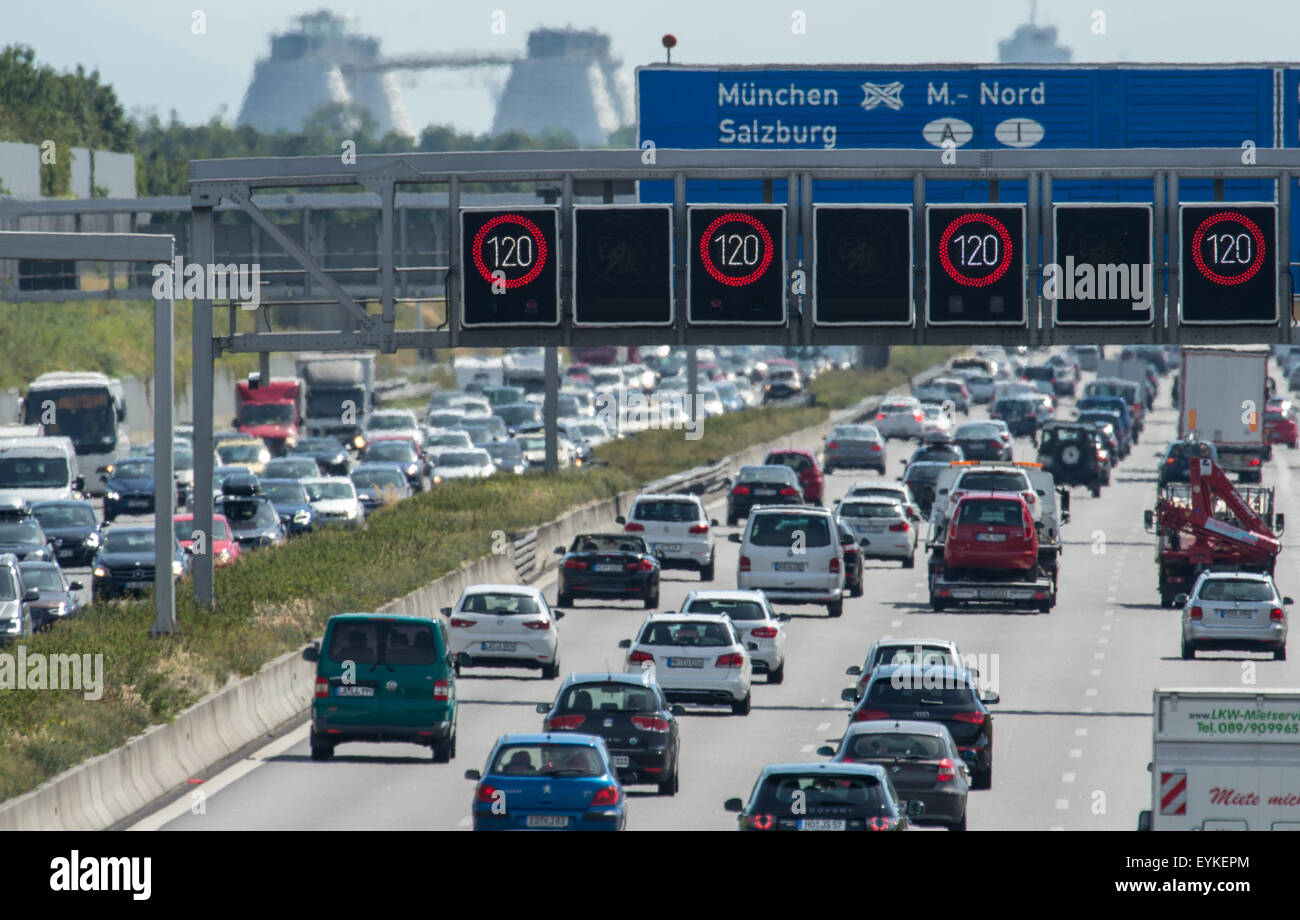 Heavy northbound traffic on the A9 Autobahn near Garching, Germany, 31 ...