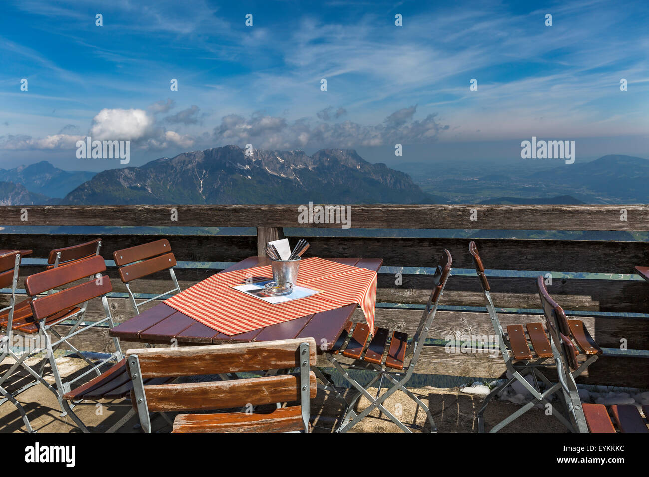 served table on the background of the Alps Stock Photo - Alamy