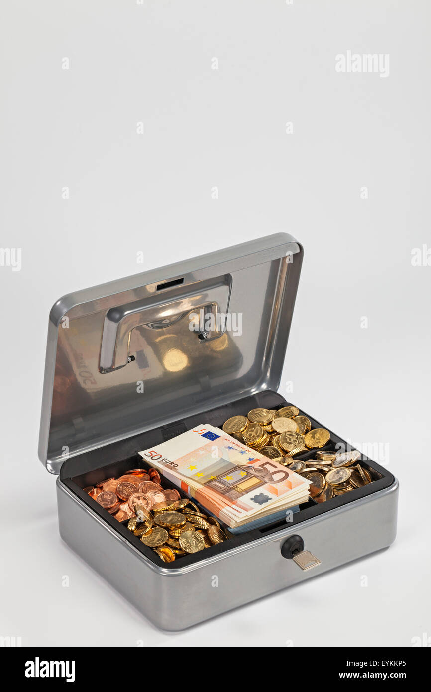 Cashbox, grey, banknotes, coins, euro Stock Photo - Alamy