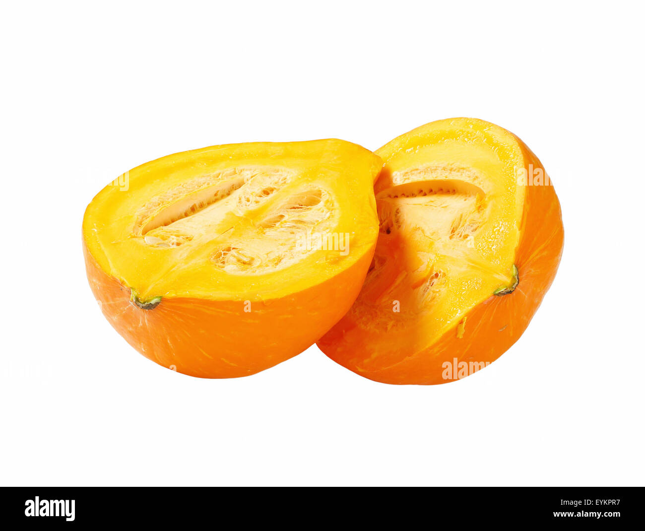 Halved ripe yellow pumpkin isolated on white Stock Photo - Alamy