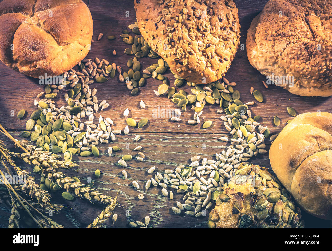 Retro style photo of assortment of loafs of bread and bread rolls Stock ...