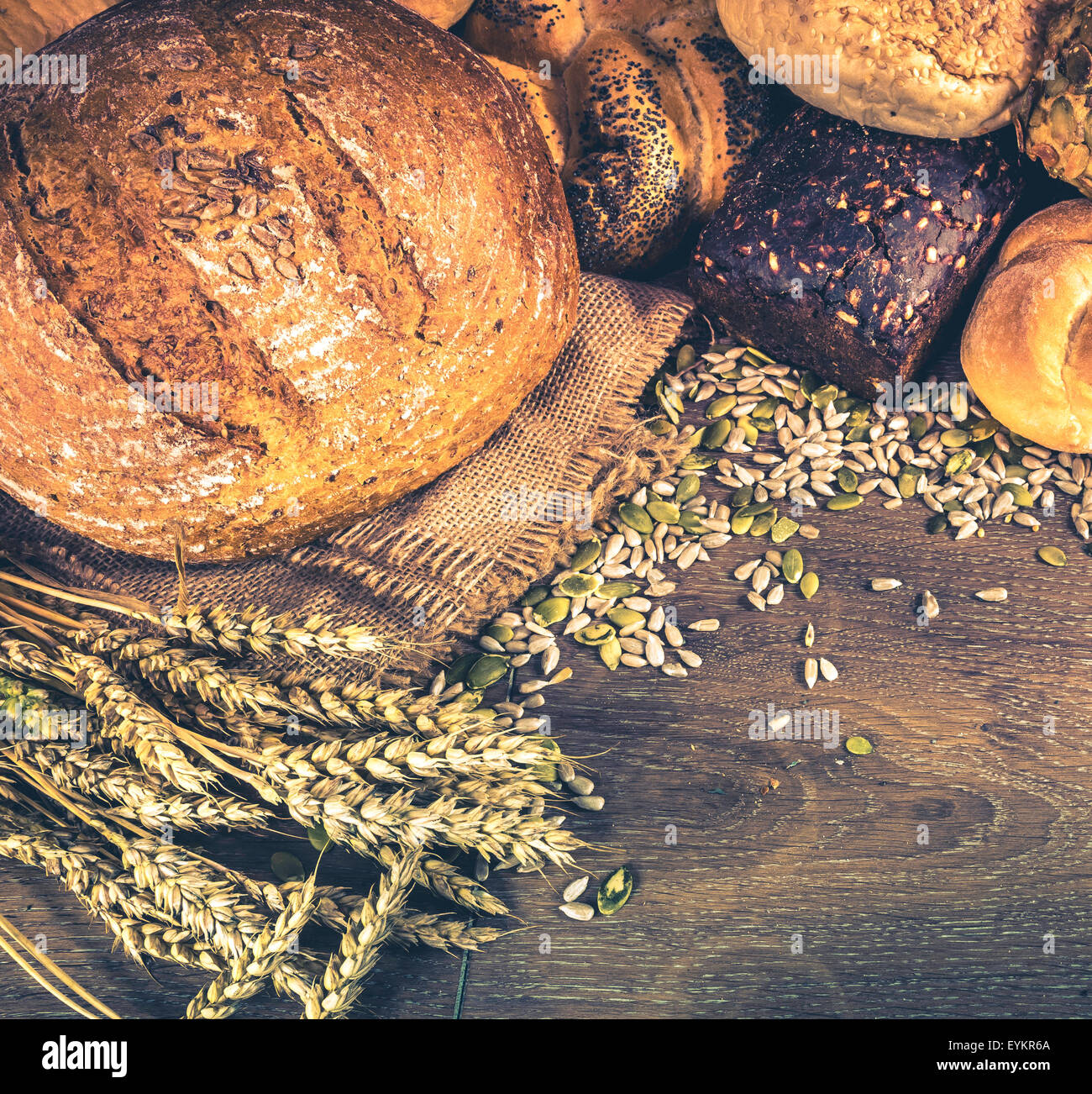 Retro style photo of assortment of loafs of bread and bread rolls Stock ...
