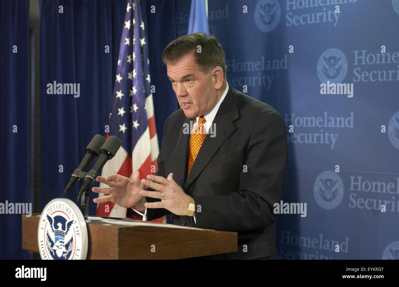 Secretary Tom Ridge speaks at a news conference where he announced a FY ...