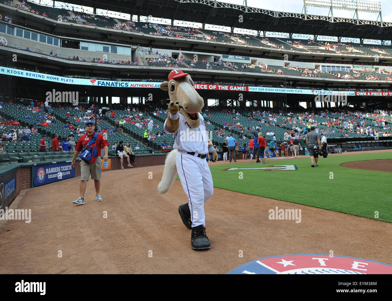 JUL 30, 2015: Rangers mascot Captain before an MLB game between the New ...