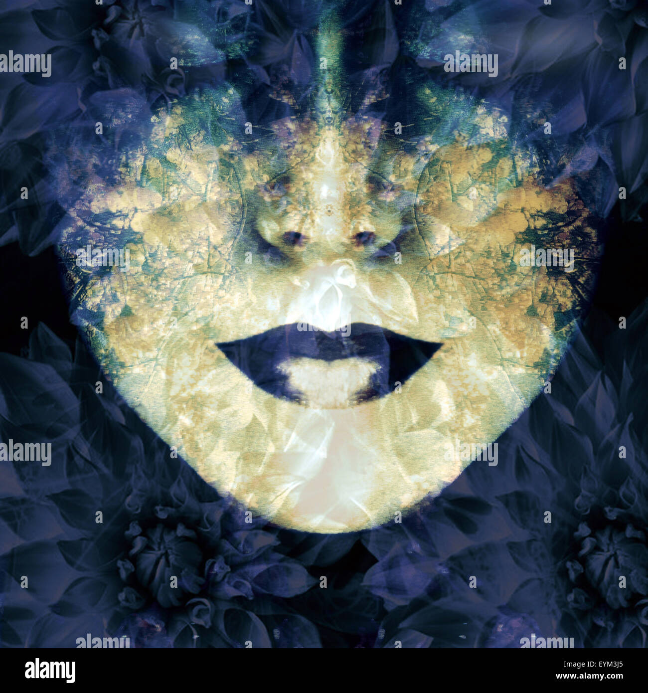 Face of a woman, overlays with flower decoration in blue Stock Photo ...