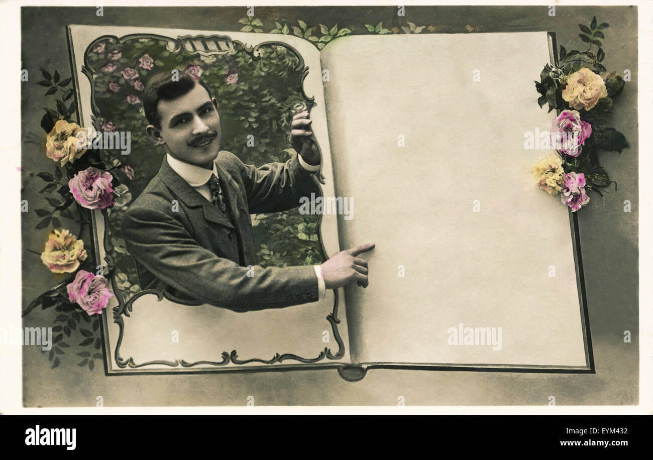 Postcard, historically, album, photograph, man points at empty side ...