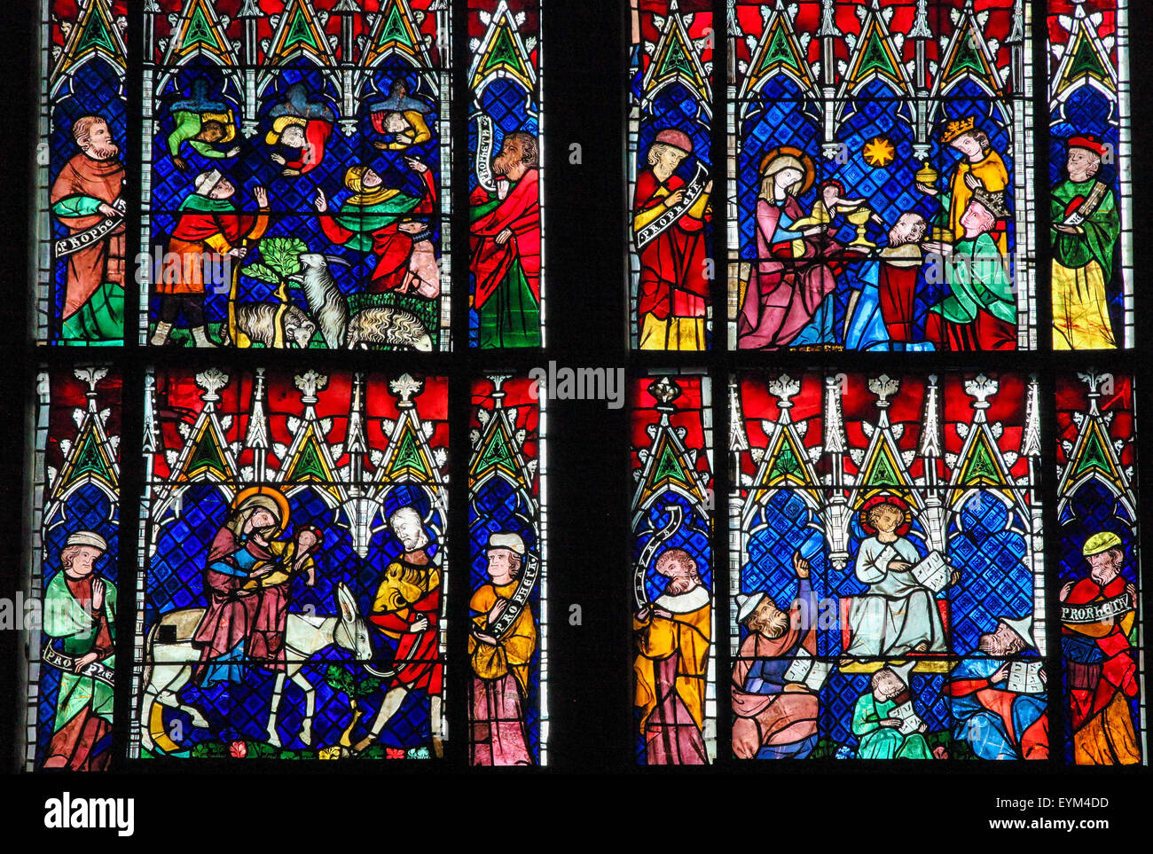 Stained glass depicting The Adoration of the Magi, the Flight into ...