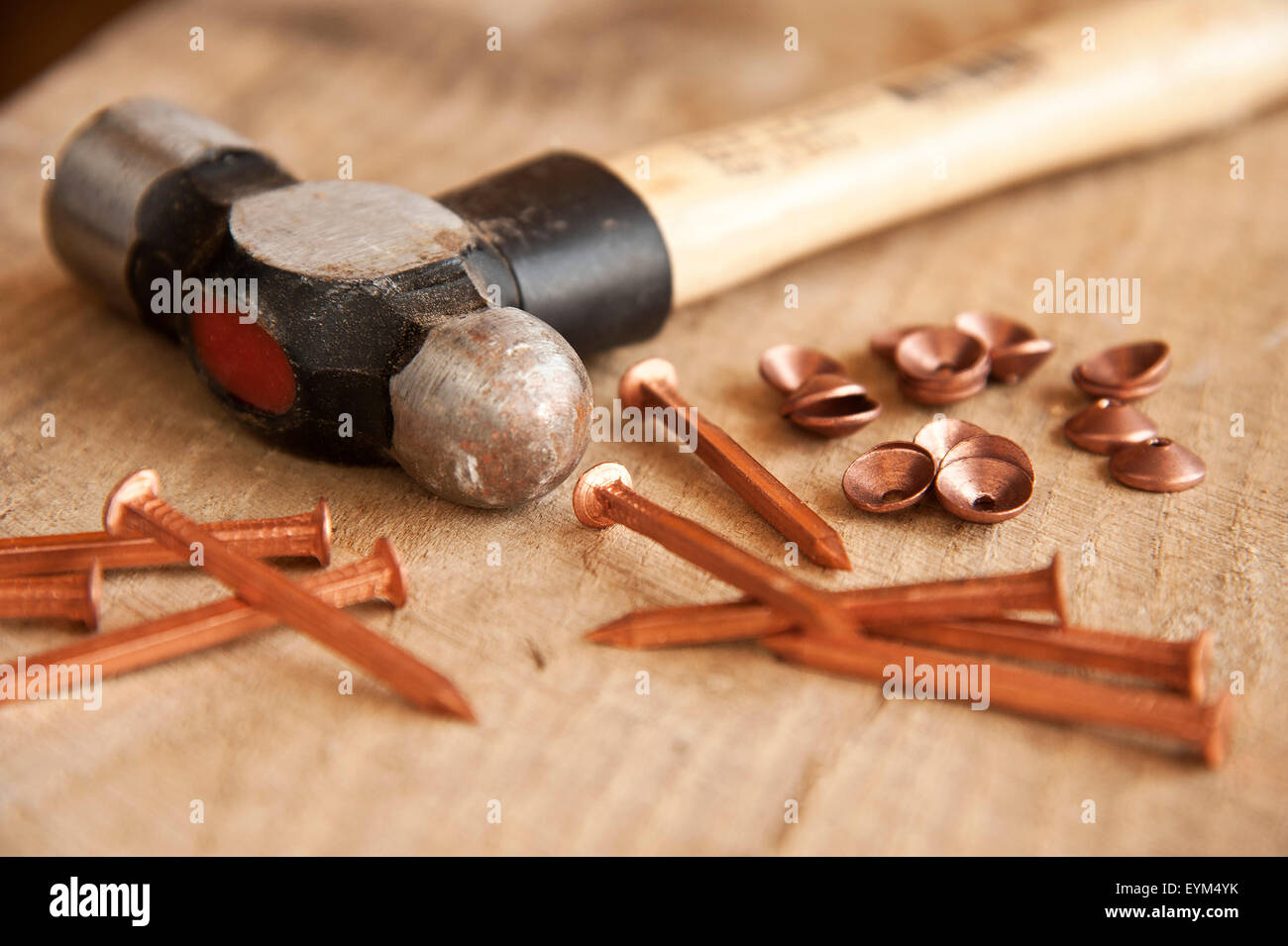 Mallet, copper nails, rivets, ship construction Stock Photo - Alamy