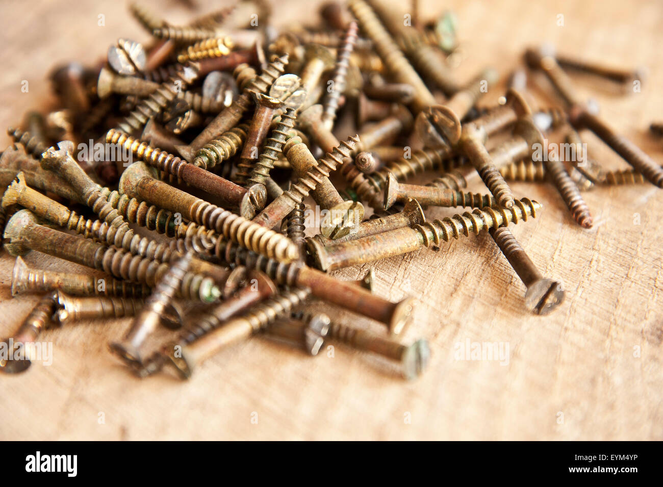 Brass screws, slit screws, old, rusty Stock Photo - Alamy