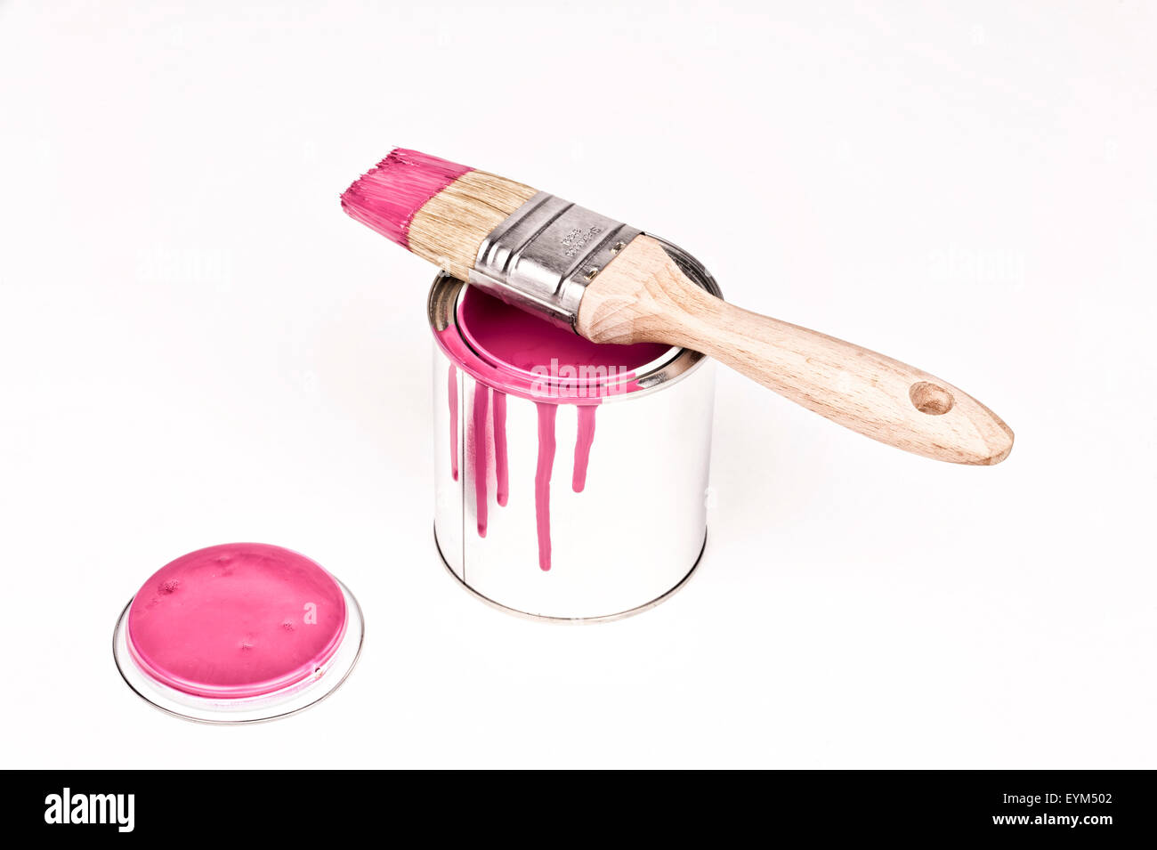 Colour tin, wooden paintbrush, red, magenta, paint Stock Photo - Alamy