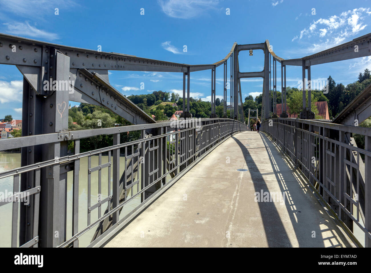 Pedestrian bridge across the river Inn. Passau, Lower Bavaria, Germany ...