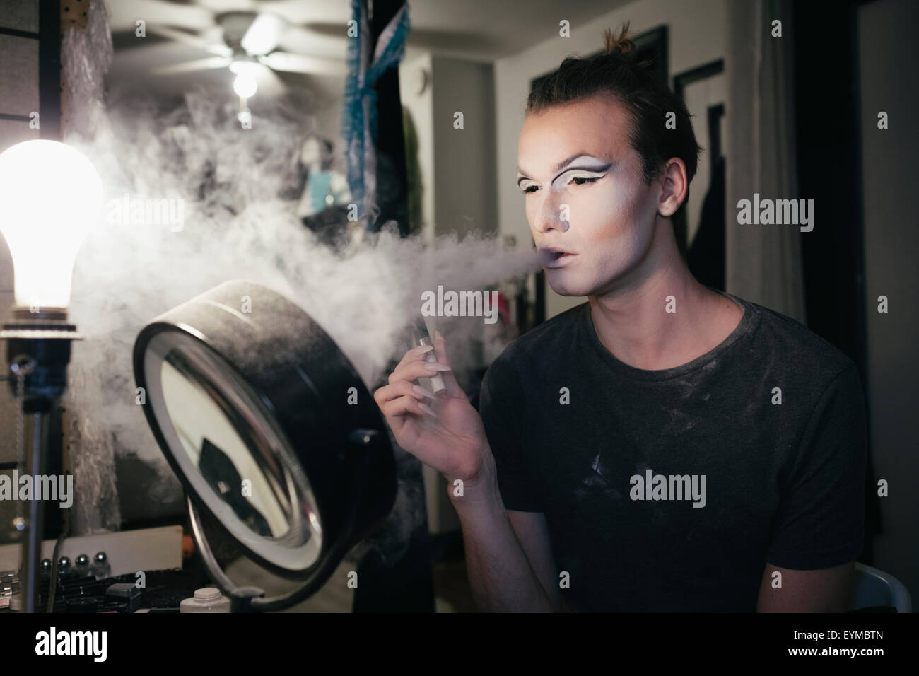Male drag queen putting on make up and dressing up in preparation for a ...