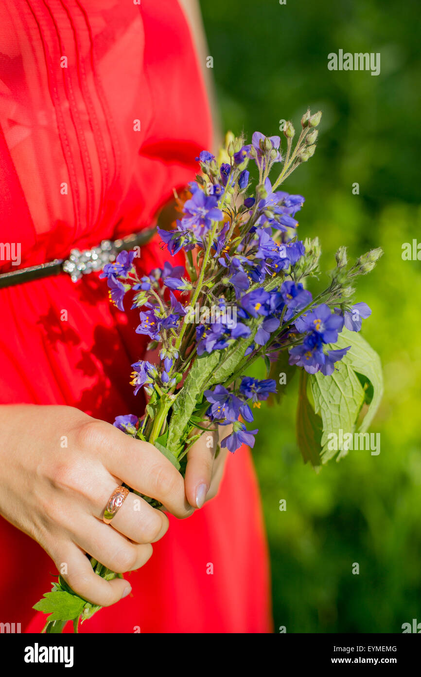 Blue flower bouquet in female hand Stock Photo - Alamy