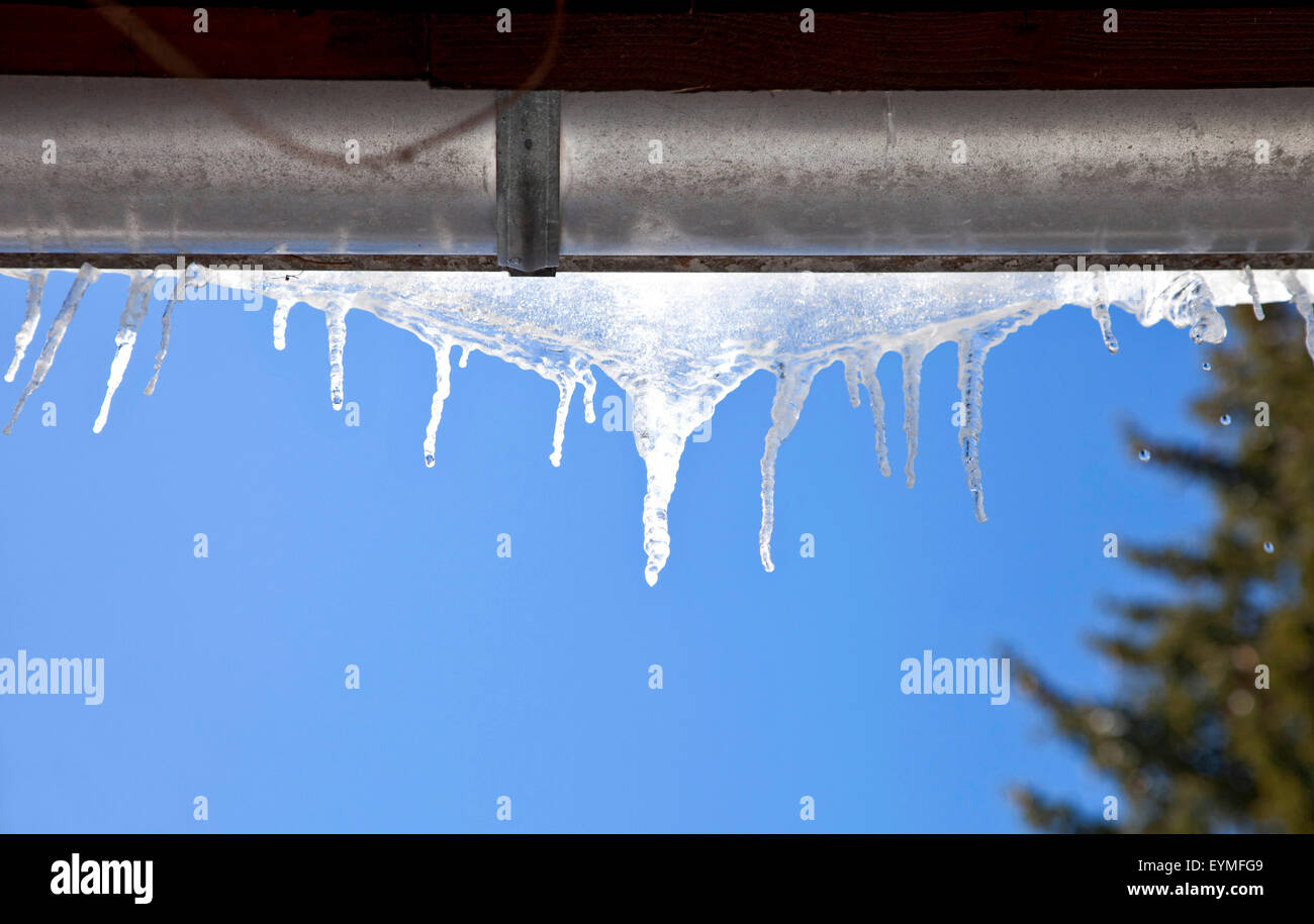 Winter, rain gutter, ice, icicle Stock Photo - Alamy