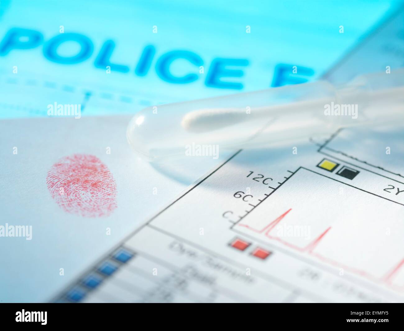 Police evidence including finger print, DNA swab and results Stock ...