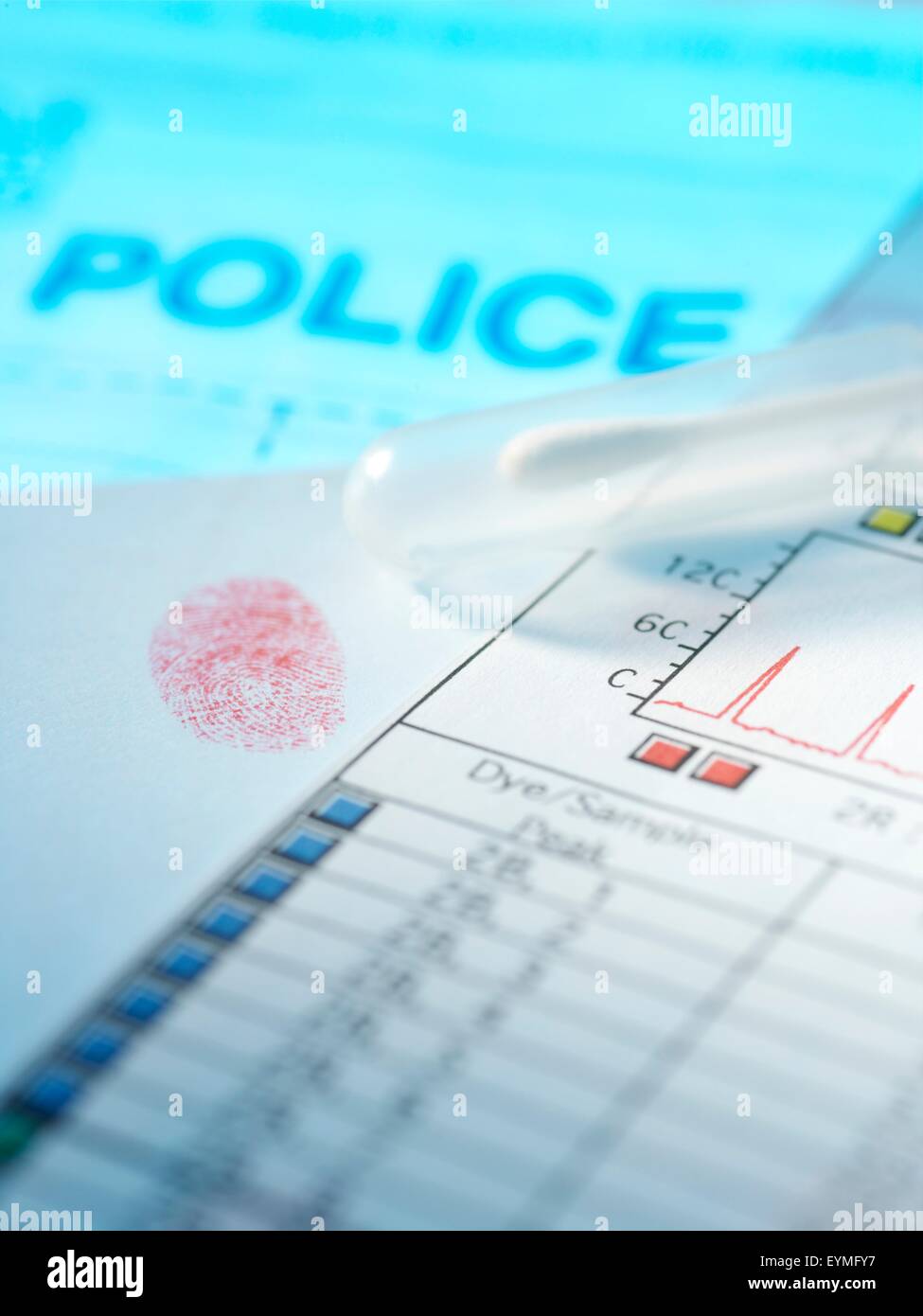 Police evidence including finger print, DNA swab and results Stock ...