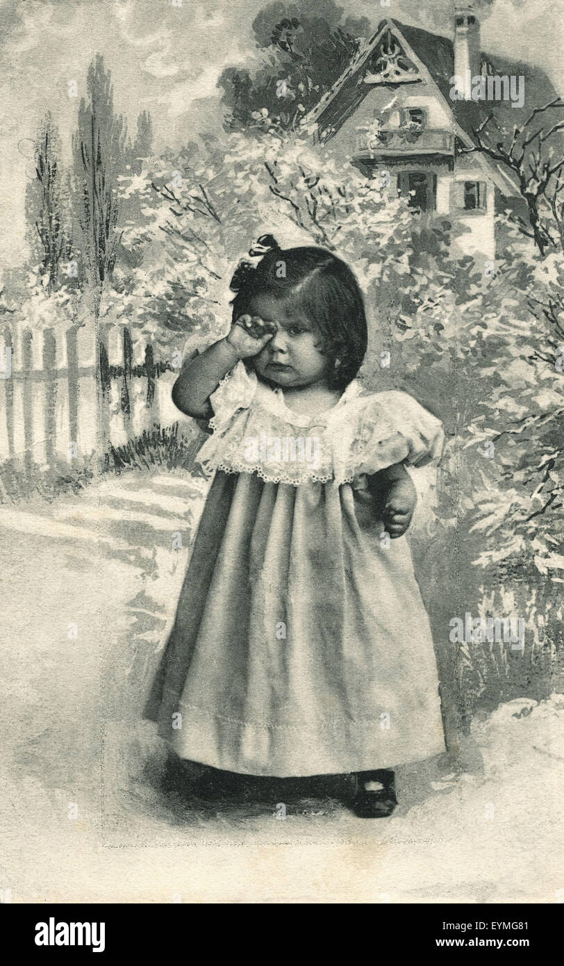 Postcard, historic, child, girls, garden, crying, s/w Stock Photo - Alamy