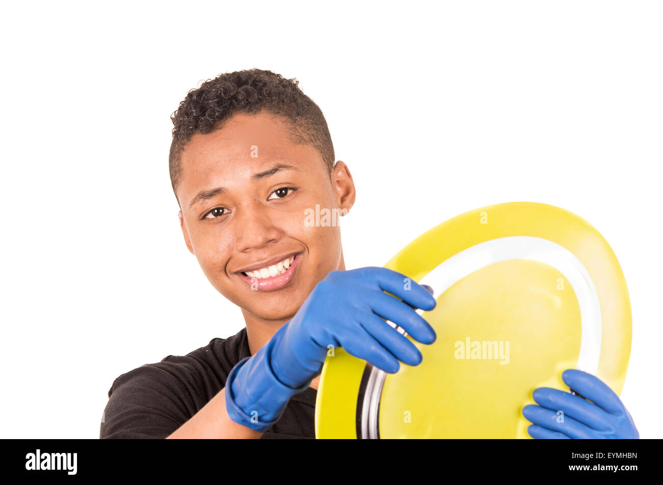 Closeup hispanic young man wearing blue cleaning gloves holding up ...