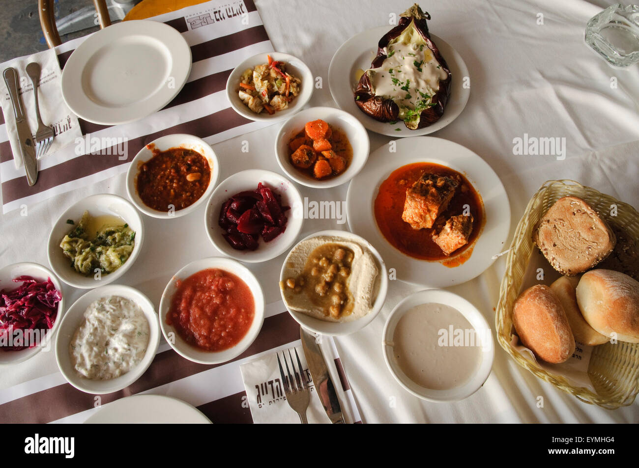 Table with starters, food, Israel Stock Photo - Alamy