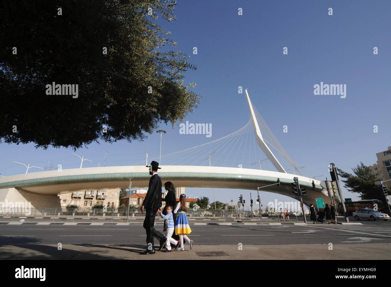 Jerusalem, Chords bridge of Calatrava, Jewish-orthodox family, Israel ...