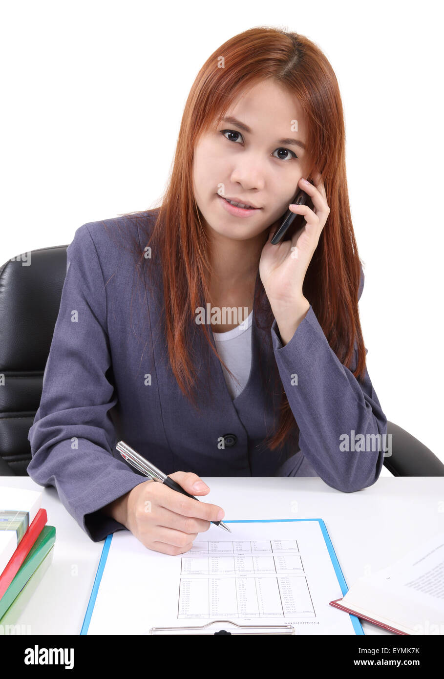 image of young asian woman working in office and white background Stock ...