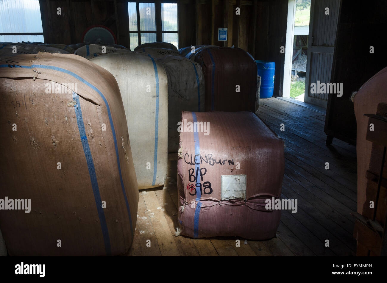 Wool bales in shearing shed, Glenburn, Wairarapa, North Island, New ...