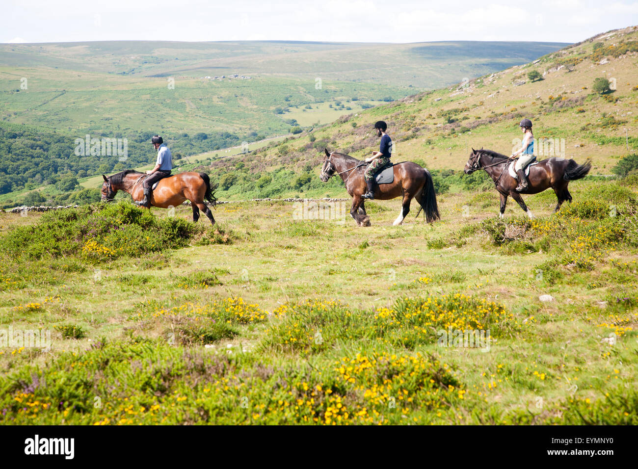 People riding horses by Sharp Tor, Dartmoor national park, Devon ...