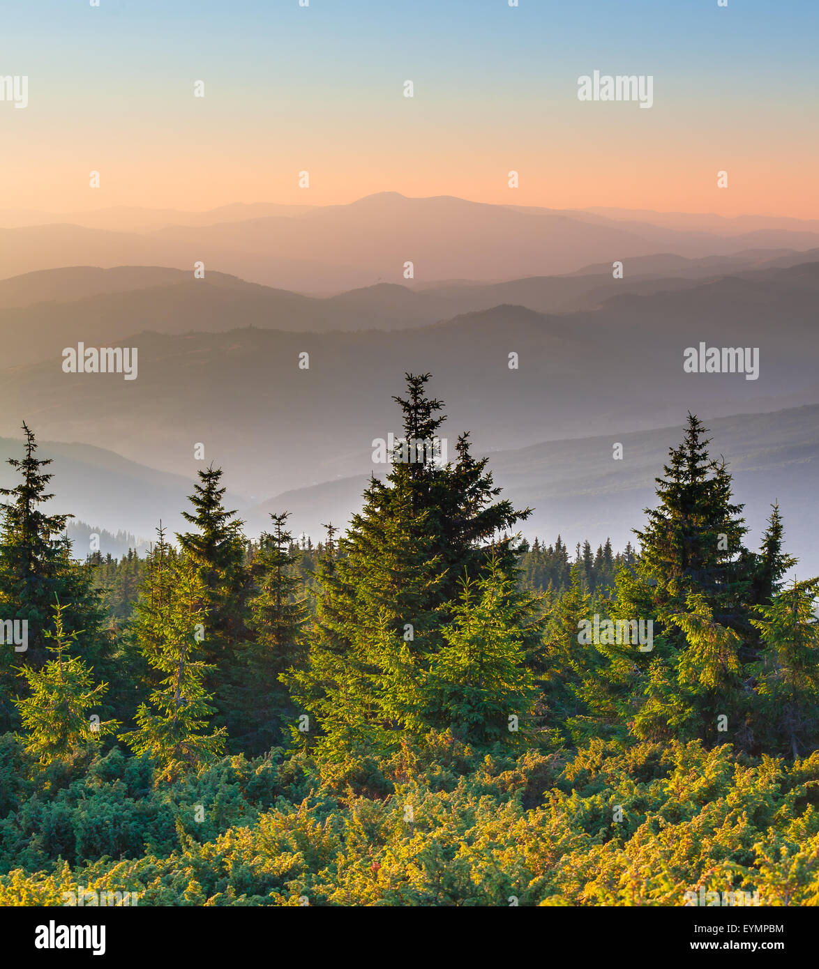 Distant mountain range and thin layer of clouds on the valleys, Ukraine ...