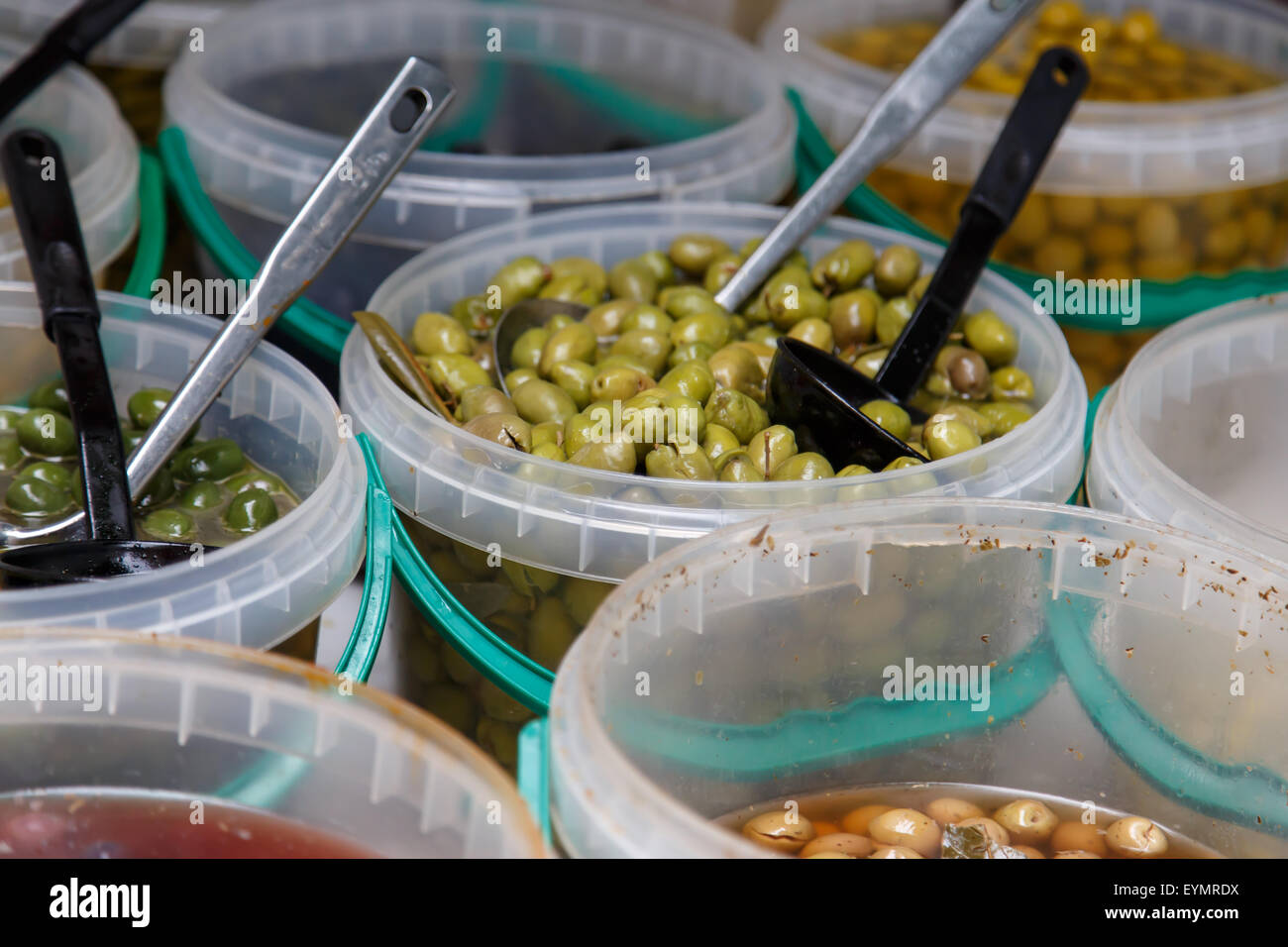 olives in conserve in pots from marketplace Stock Photo - Alamy