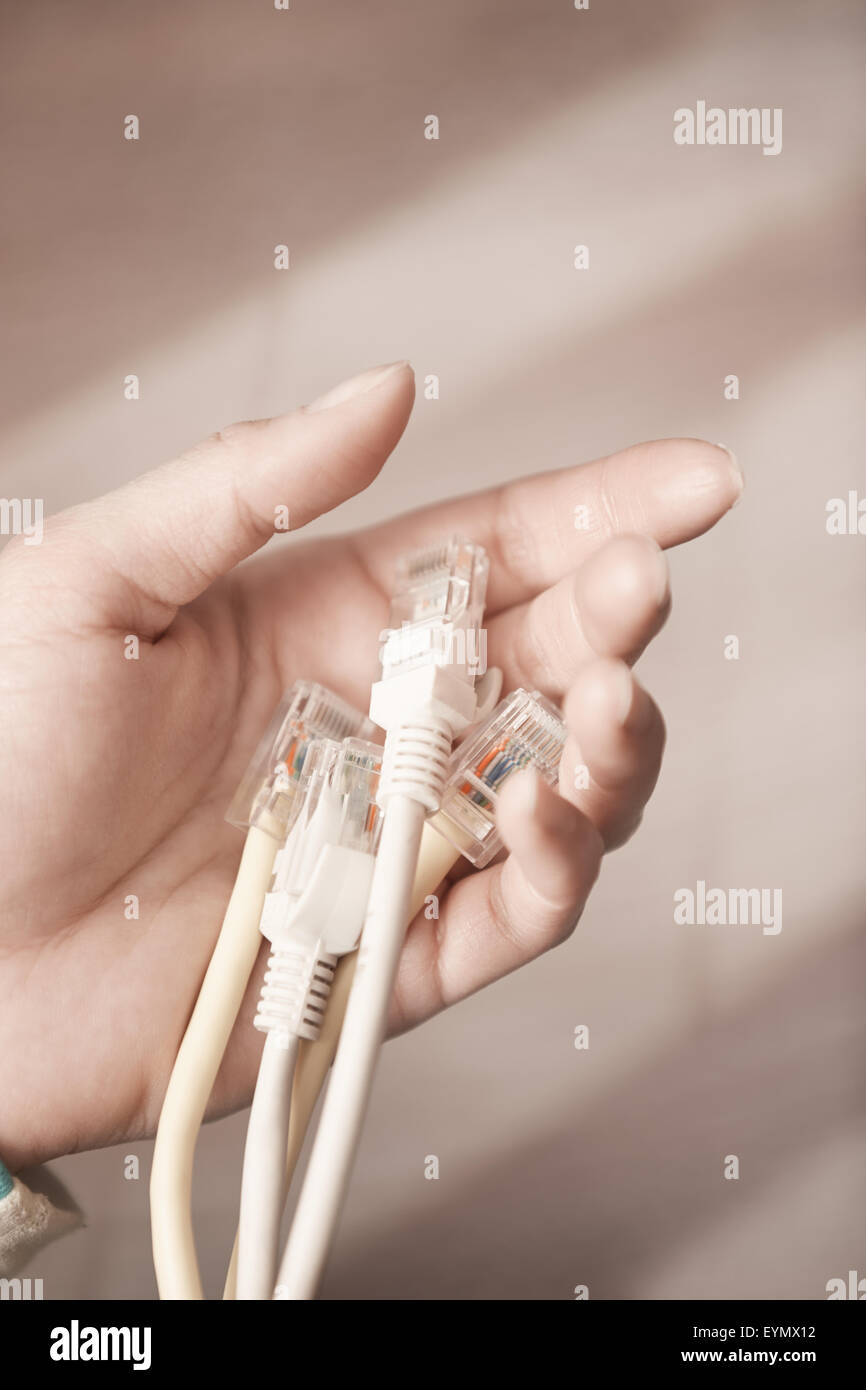 Hand of IT specialist holding local network cables Stock Photo - Alamy