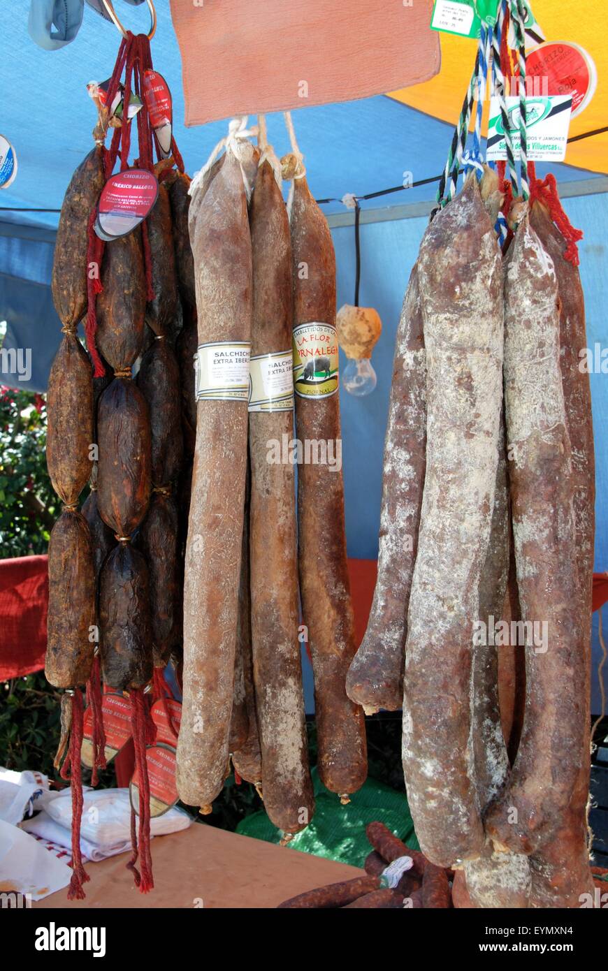 Sausages hanging on a stall at the Medieval market, Barbate, Costa de ...