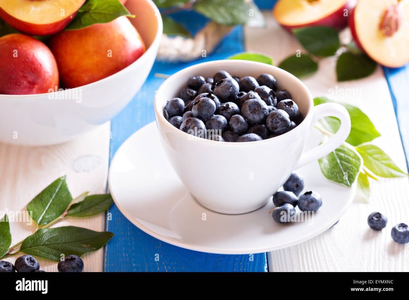 Fresh blueberries in a white cup on colorful background Stock Photo - Alamy