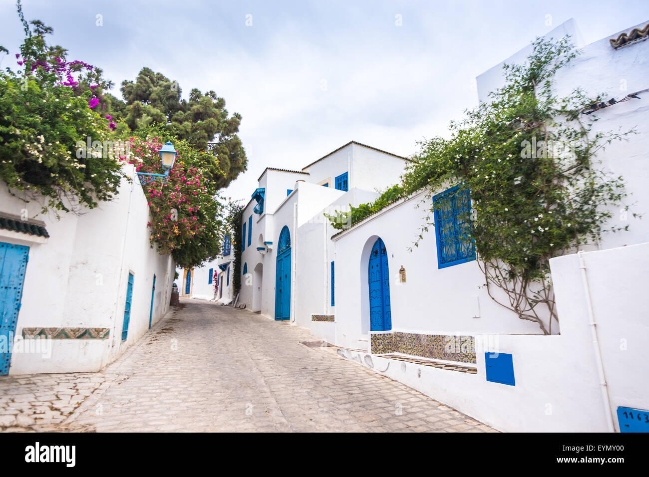 Sidi Bou Said - typical building with white walls, blue doors and ...