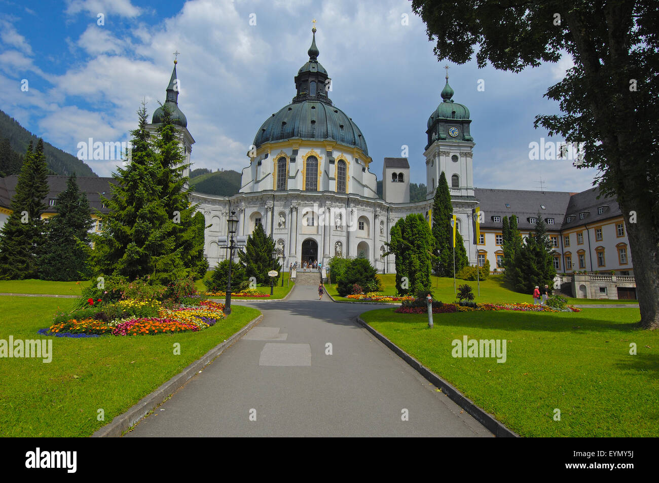 Ettal, Ettal Abbey, Near Oberammergau, monastery church and courtyard ...