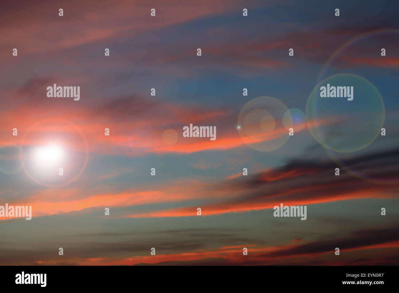 lens flare on beautiful sunset sky ready for your design, natural ...