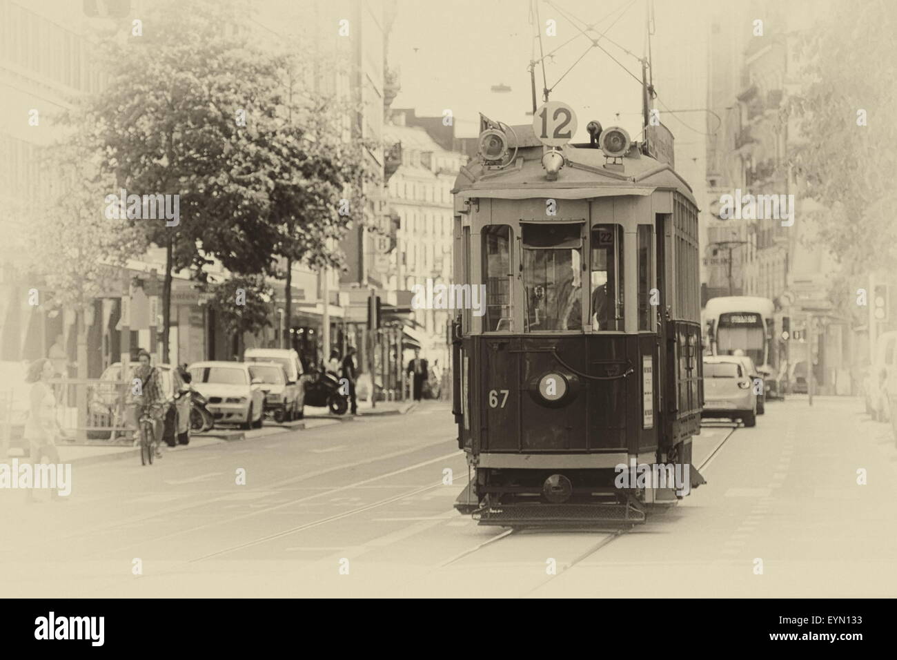old tramway in the city and black and white Stock Photo - Alamy