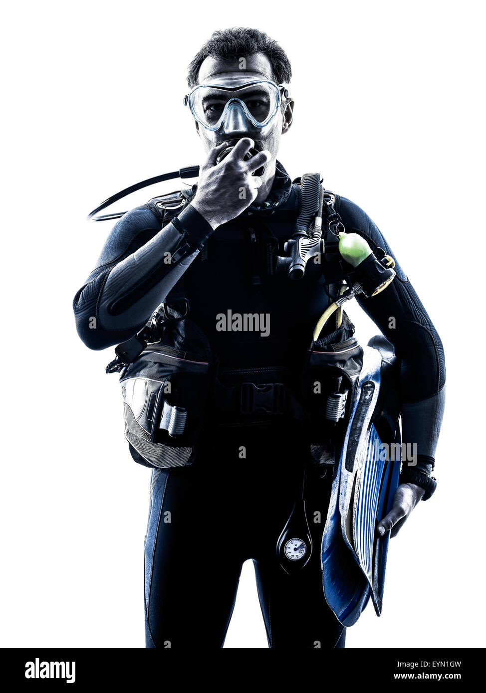 one caucasian scuba diver diving man in studio silhouette isolated on ...