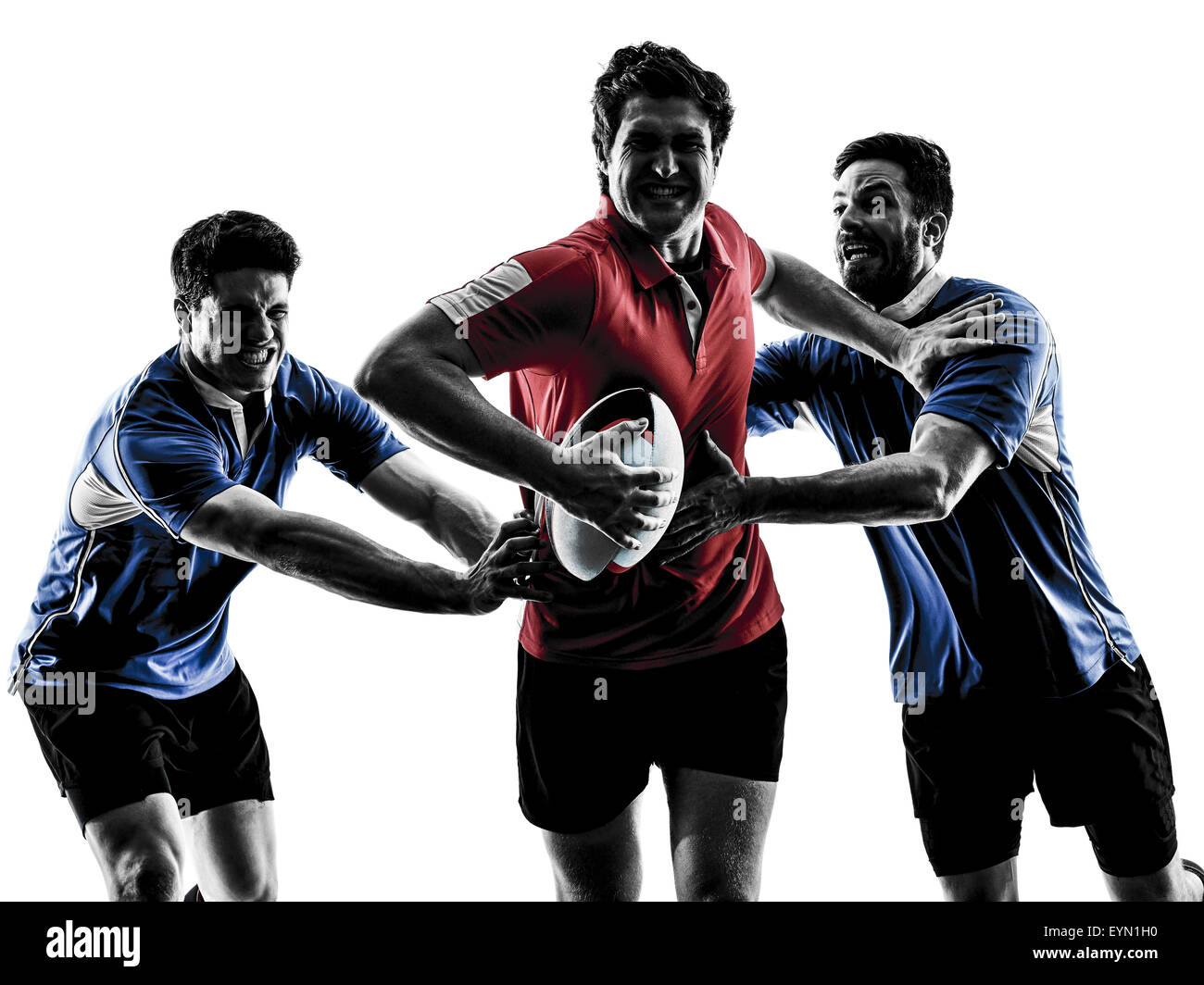 one caucasian rugby men players in studio silhouette isolated on white ...