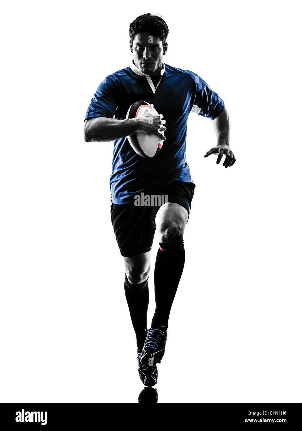 one caucasian rugby man player in studio silhouette isolated on white ...