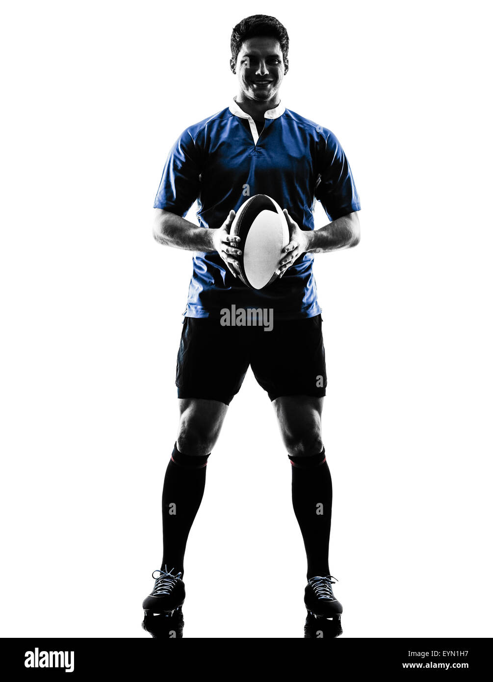 one caucasian rugby man player in studio silhouette isolated on white ...