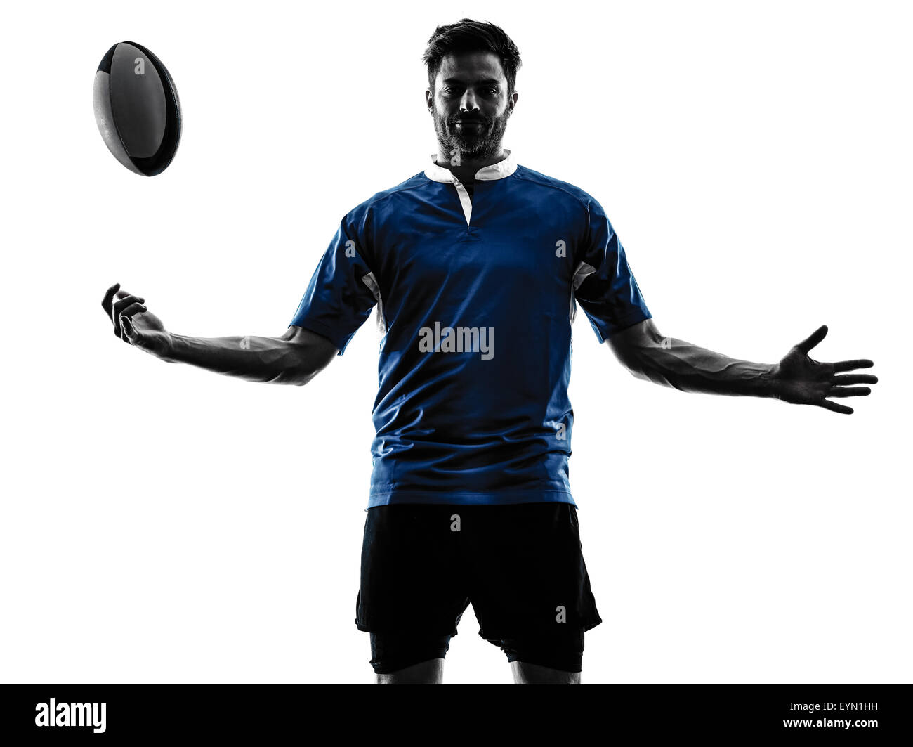 one caucasian rugby man player in studio silhouette isolated on white ...