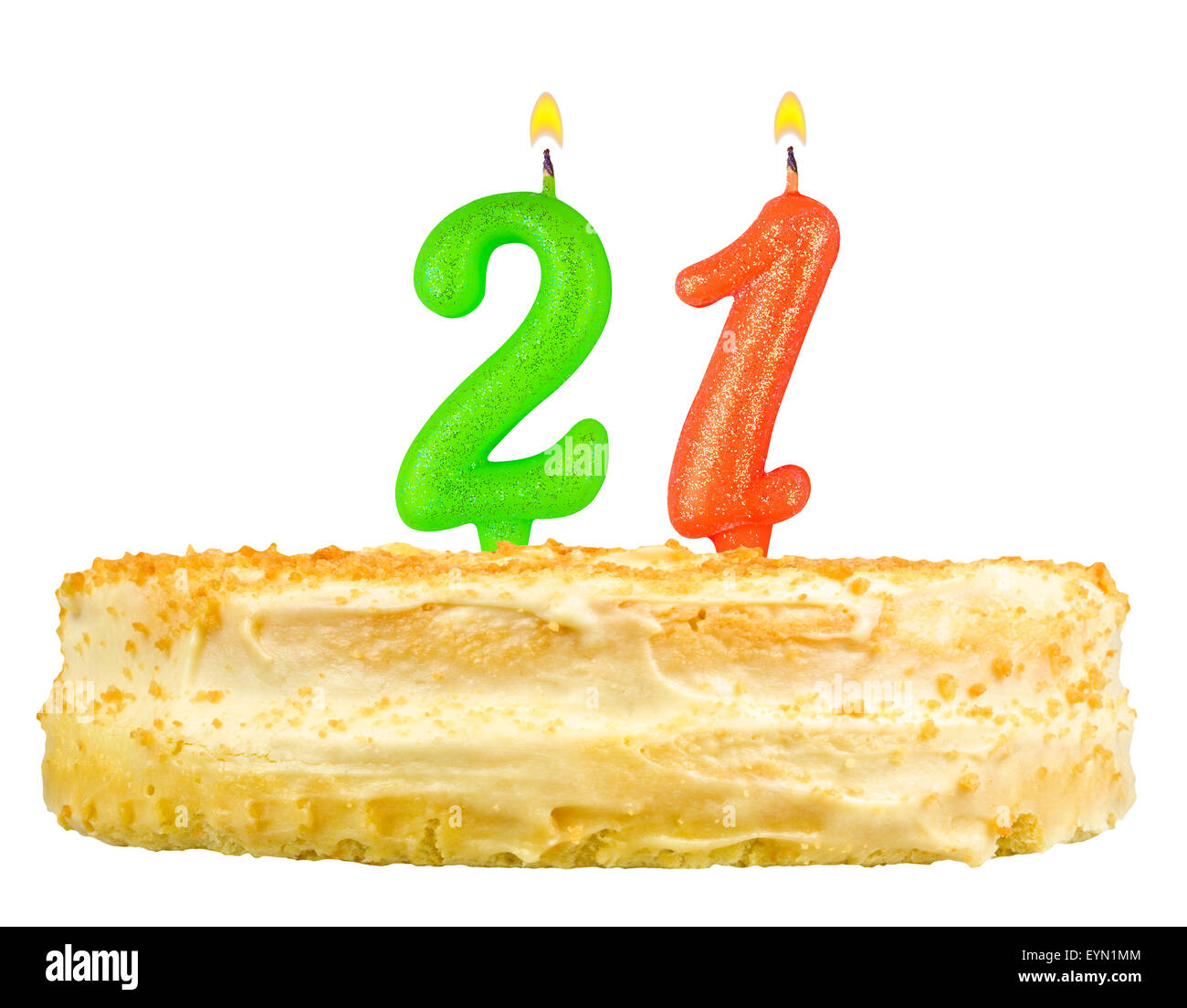 birthday cake with candles number twenty one isolated on white ...