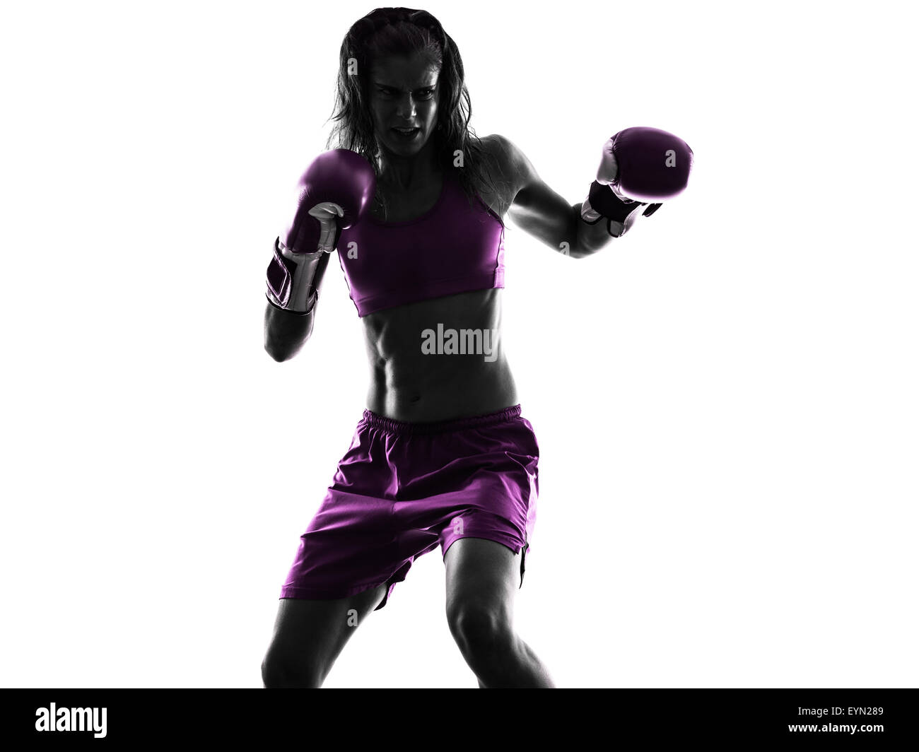 One Woman Boxer Boxing Kickboxing In Silhouette Isolated On White