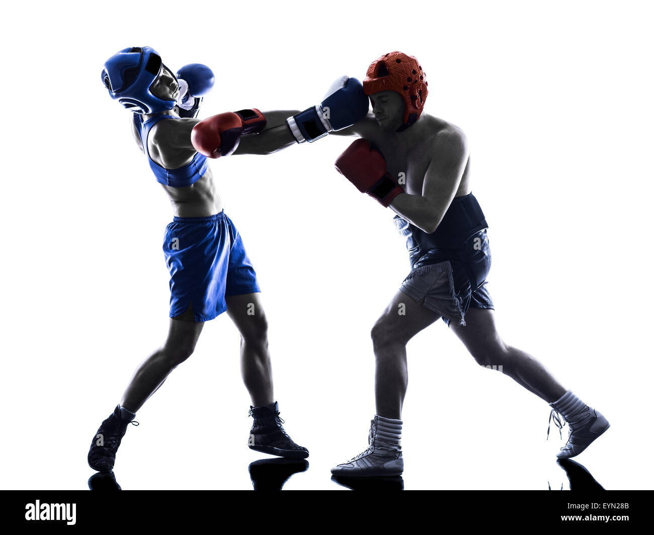One Woman Boxer Boxing One Man Kickboxing In Silhouette Isolated On