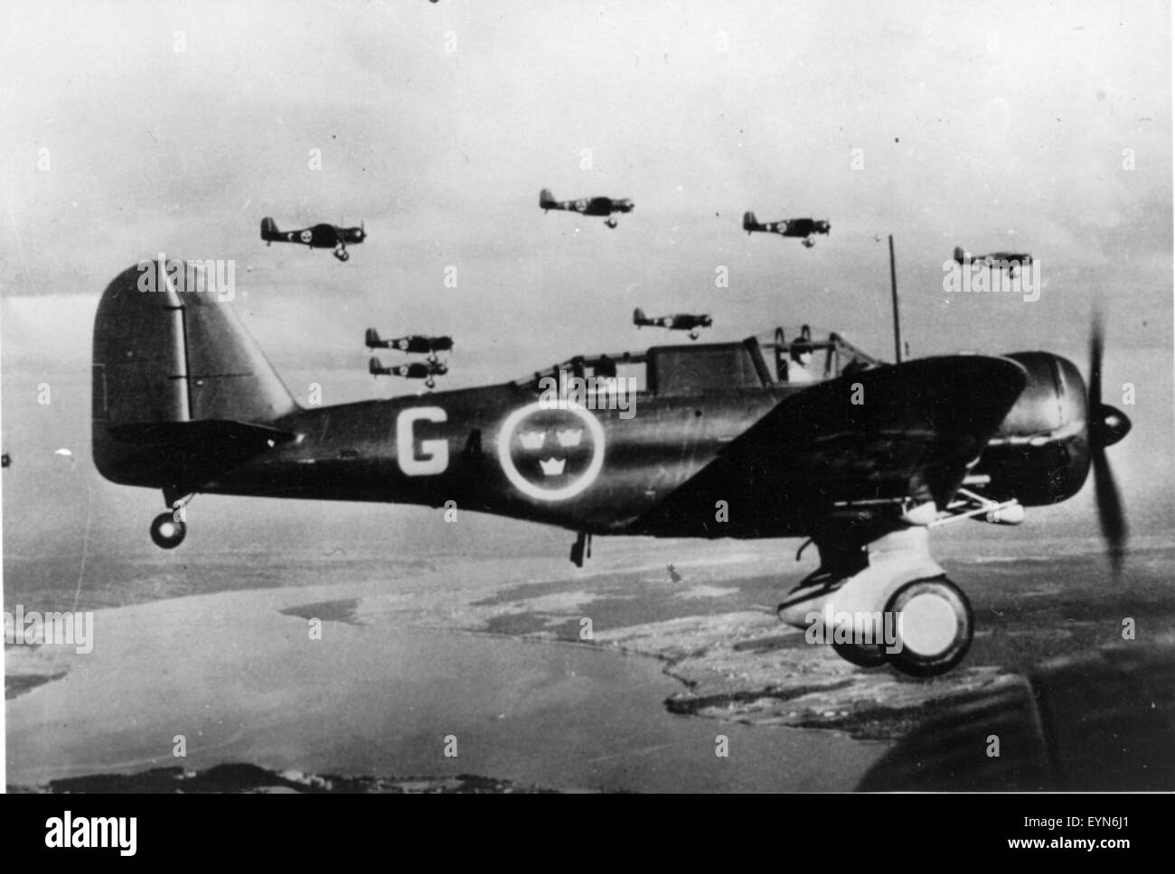 A black and white print of a Saab B5 Salo aircraft, showcasing its ...