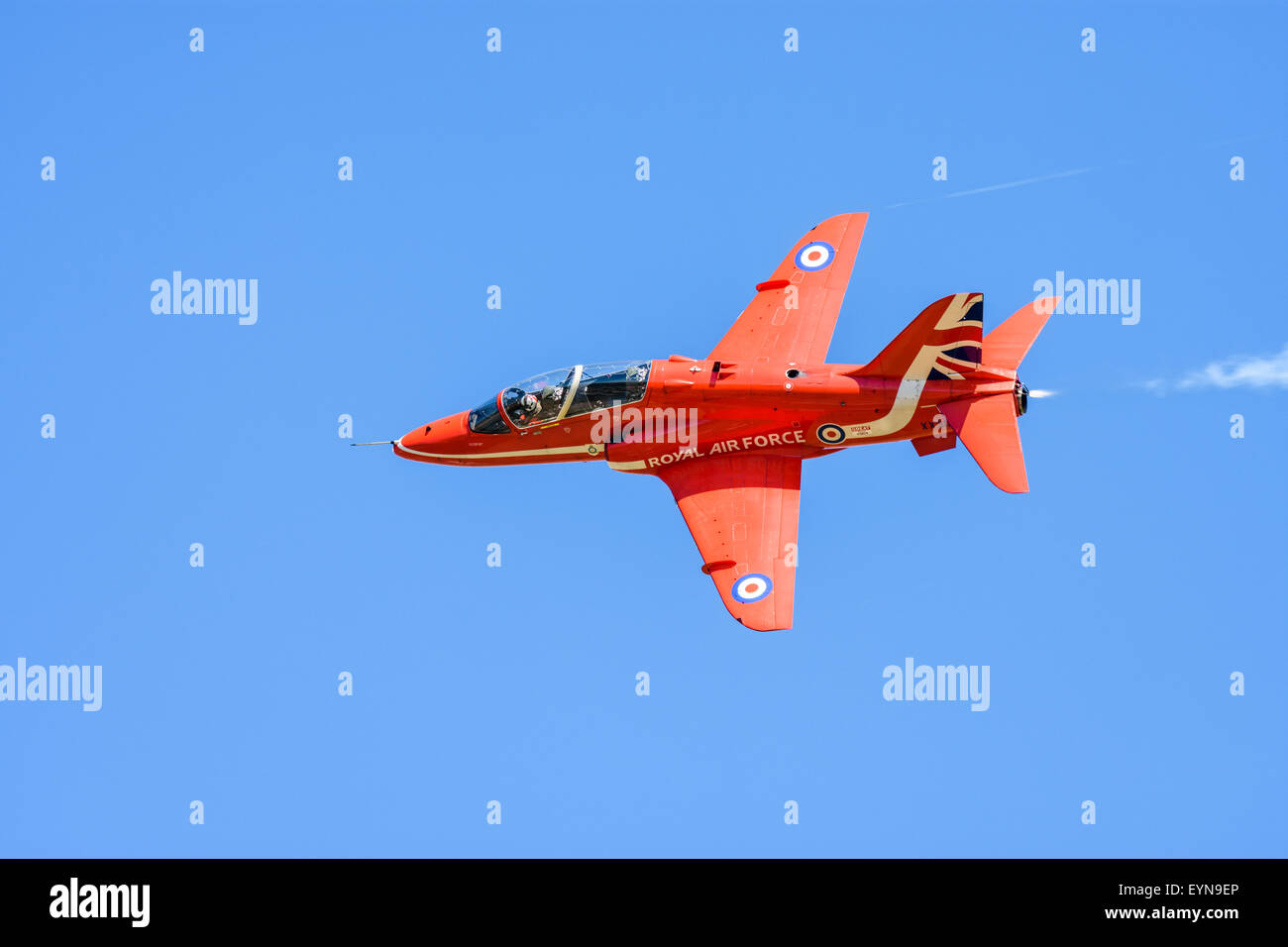 Single Royal Air Force Red Arrows Hawk aircraft during an airshow ...
