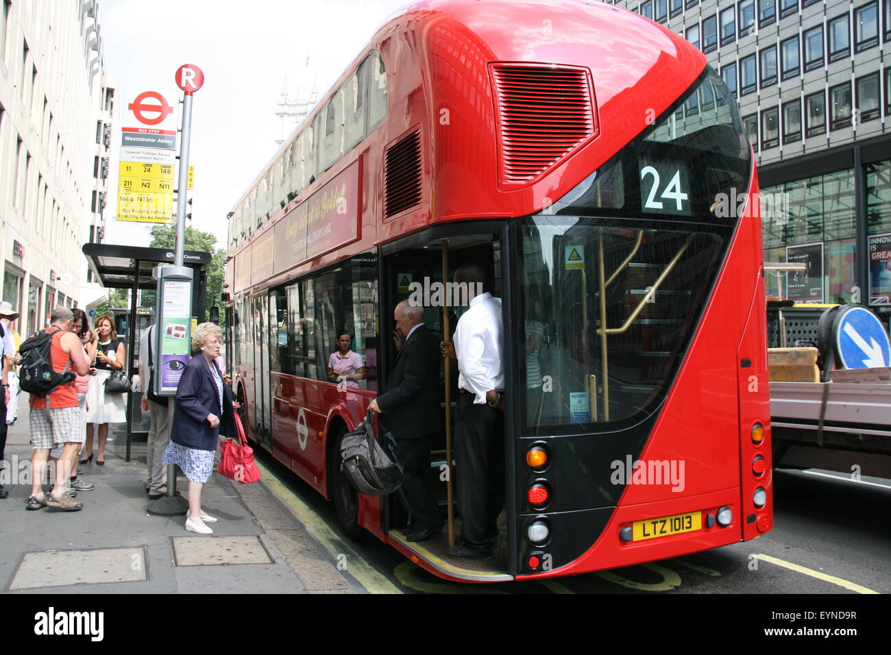 A REAR VIEW OF A RED LONDON NEW ROUTEMASTER BORISMASTER BUS SHOWING ...